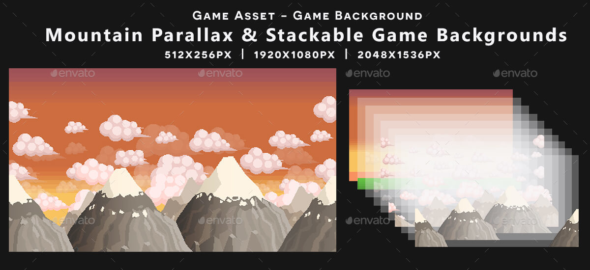 4 Mountain Pixel Game Backgrounds - Parallax and Stackable, Game Assets