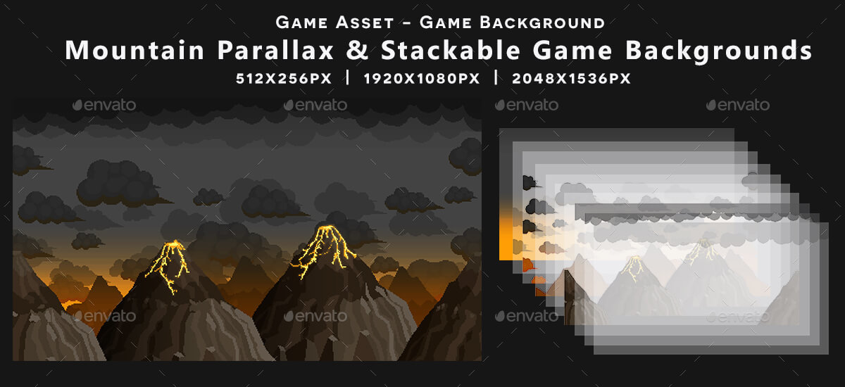 4 Mountain Pixel Game Backgrounds - Parallax and Stackable by Space_Gecko