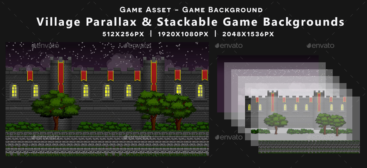 5 Village Pixel Game Backgrounds - Parallax and Stackable, Game Assets