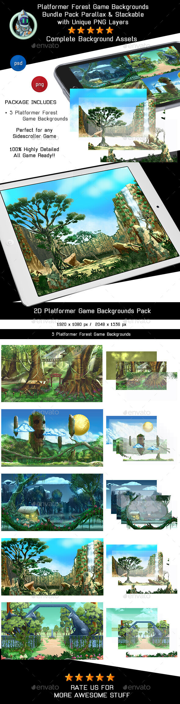 5 Platformer Forest Game Backgrounds - Parallax & Stackable by Space_Gecko