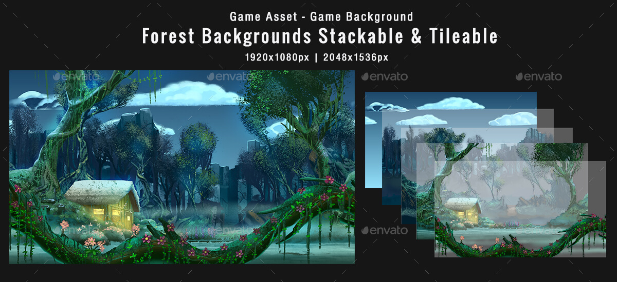 5 Platformer Forest Game Backgrounds - Parallax & Stackable, Game Assets