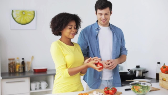Couple Cooking Food and Juggling Tomatoes at Home , Stock Footage ...