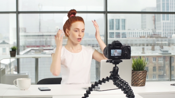 Pretty Young Vlogger Girl Recording Video About Fashion and Clothing ...