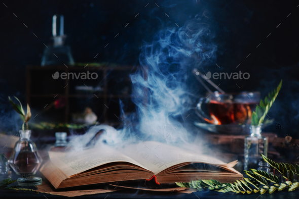 Open spell book with magical smoke Stock Photo by dinabelenko | PhotoDune