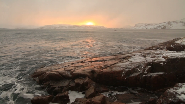 Snowfall Over the Stormy Sea in the North, Stock Footage | VideoHive
