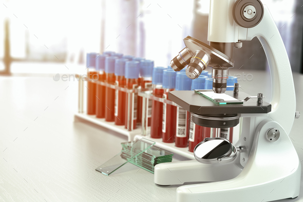 Microscope medical test tubes with blood samples in laboratory, Stock ...
