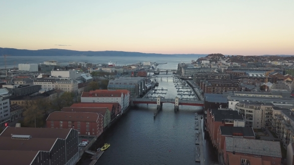 Sunset Over Trondheim. Aerial of the City, Top View. Norway, Stock Footage
