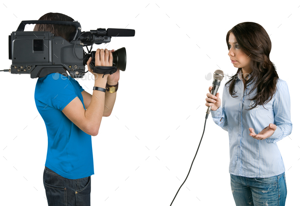 TV reporter presenting the news in studio, isolated on white bac Stock ...