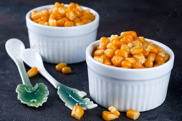 Boiled corn kernels in white cups Stock Photo by lyulkamazur | PhotoDune