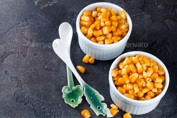 Boiled corn kernels in white cups Stock Photo by lyulkamazur | PhotoDune