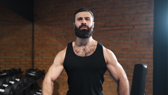 Strong Man Is Pumping Muscles at the Gym, Power Exercises with ...