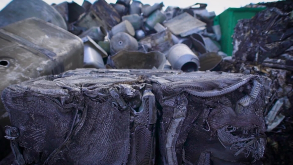 View of Compressed Metal Waster on Junkyard of Recycling Manufactory ...