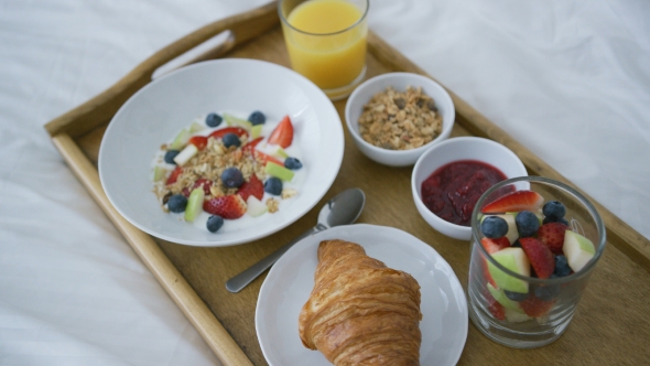Healthy Assorted Breakfast Served on Tray, Stock Footage | VideoHive