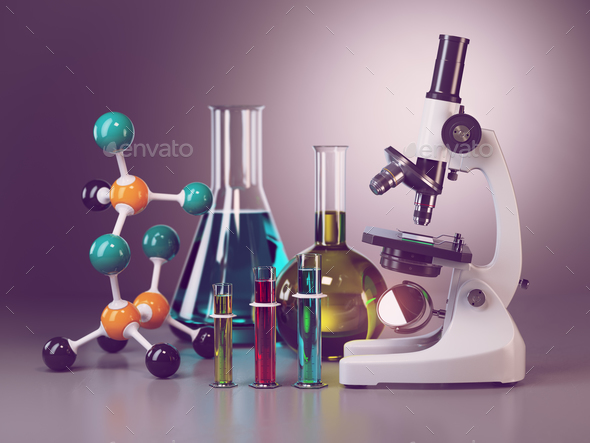 Microscope with flasks, vials and model of molecule. Chemistry o Stock ...