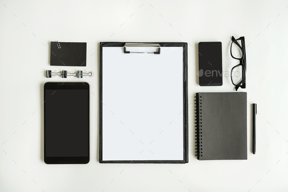 Workplace flat lay from above view Stock Photo by kitzstocker | PhotoDune