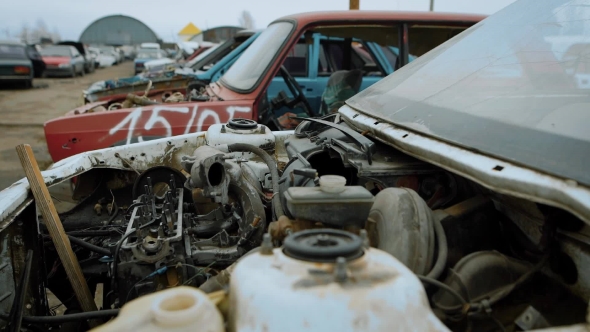 Row of Wrecked Car on Huge Junkyard, Stock Footage | VideoHive