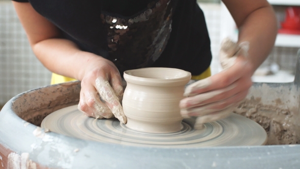 Creating a Clay pot.Potter.Workshop of clay.Clay on the device, Stock ...