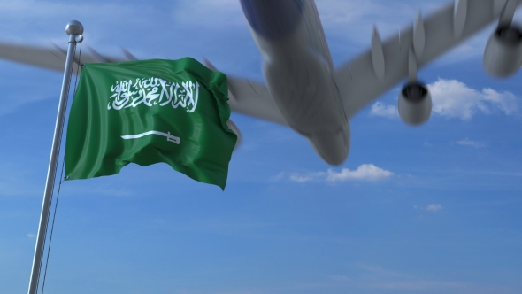 Airplane Flying Over Waving Flag of Saudi Arabia, Motion Graphics ...