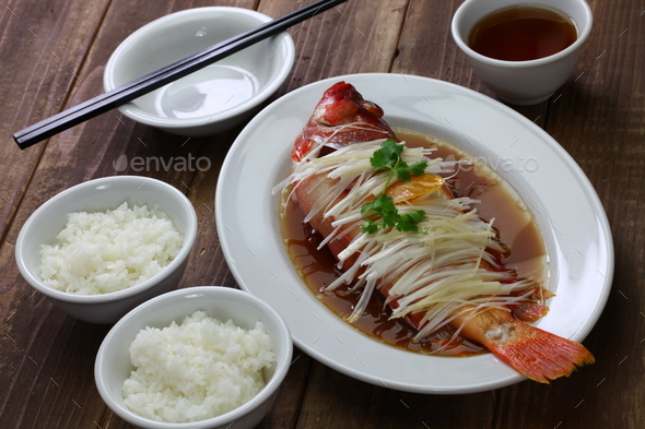 chinese steamed red grouper with ginger, scallions and soy sauce Stock ...