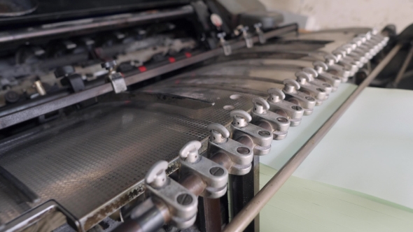 Process of Offset Print on Vintage Old Printing Conveyor Machine in ...