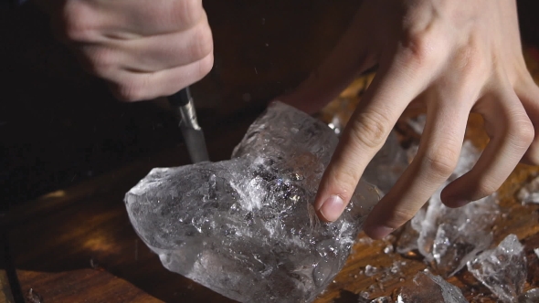 Barman Chopping Ice Using a Special Knife Hunks of Ice Flying Around ...