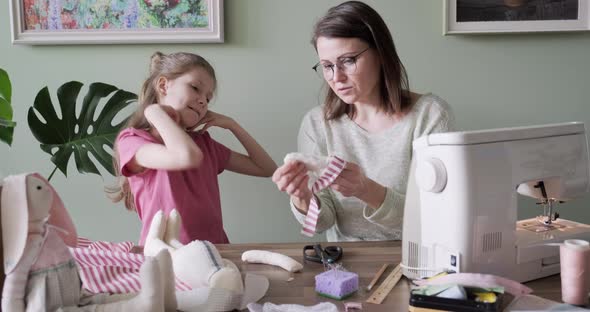 Mother and Child Daughter Sewing Together at Home, Stock Footage ...