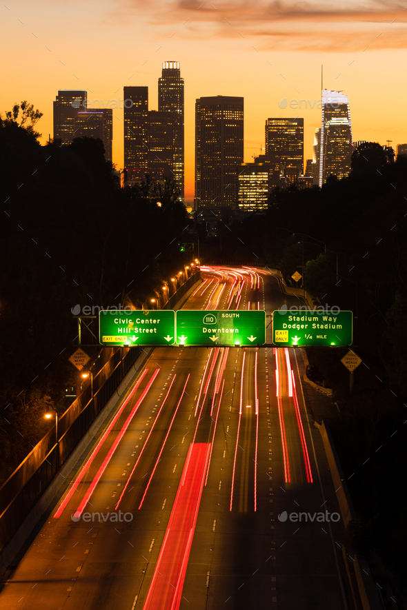 Interstate Highway 110 Leads Commuters into Los Angeles at Sunset Stock ...