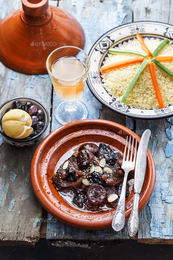 Beef tajine with olives, couscous and salted lemons. Morrocan dishes ...