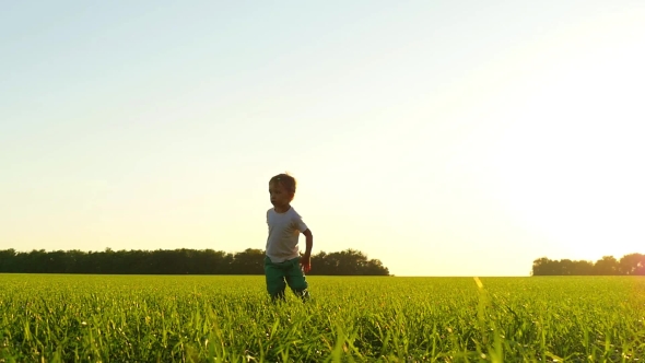 Happy Child Running on the Lawn Against the Sunset, Stock Footage ...