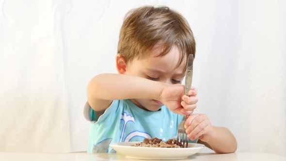 Child Boy Eats Food with a Fork From a Plate, Stock Footage | VideoHive