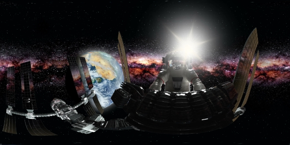 Astronaut and International Space Station Orbiting Earth in Virtual ...