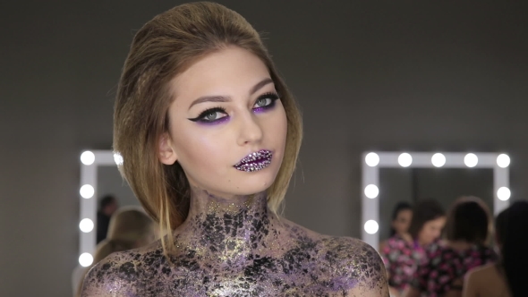 Fashion Makeup. Woman with Colorful Makeup and Body Art, Stock Footage