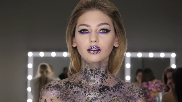 Fashion Makeup. Woman with Colorful Makeup and Body Art, Stock Footage