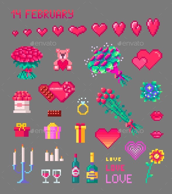 Set of Cute Valentines Pixel Art Icons by Nusha777 | GraphicRiver