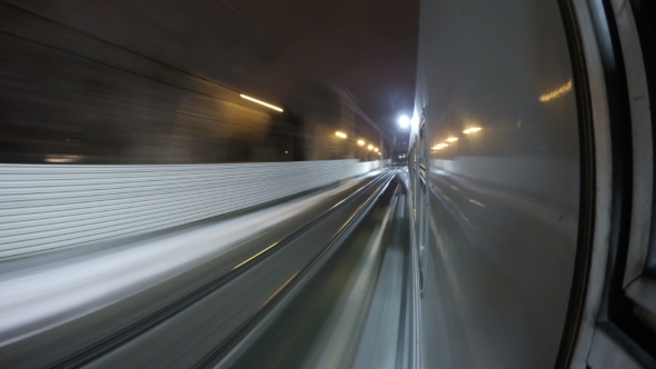 Point of View Night Train Rushes by Rail Arrives and Departs from ...