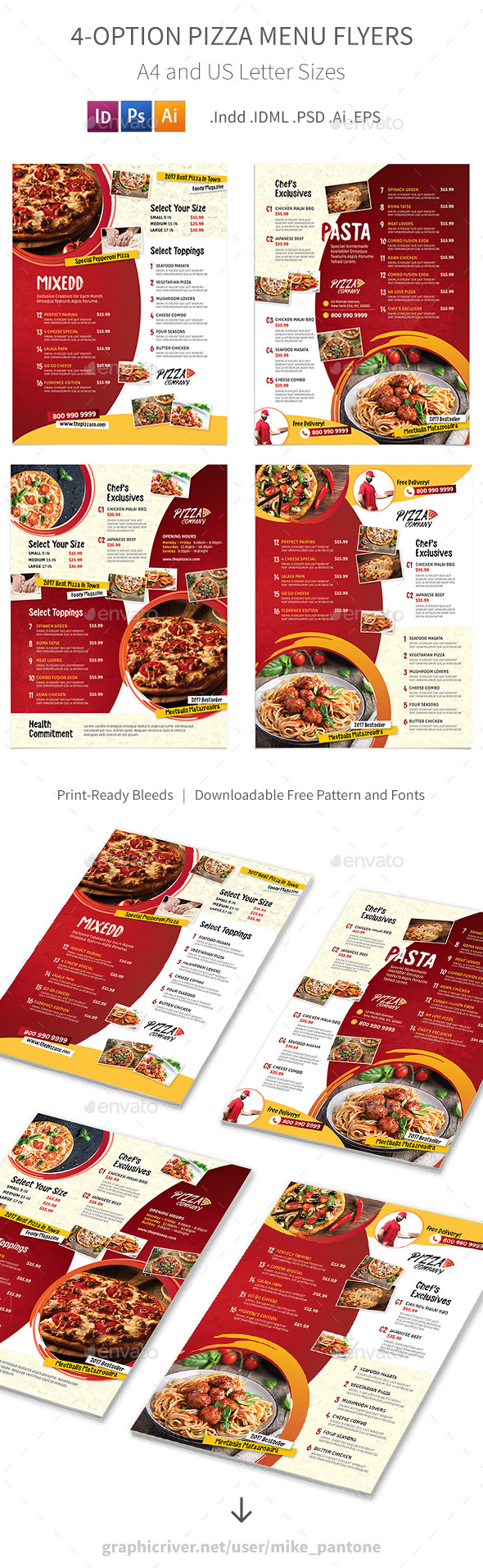 Pizza Restaurant Menu Flyers 2 – 4 Options by Mike_pantone | GraphicRiver
