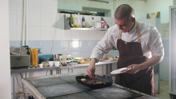 Young Male Chief Cook with Uniform Preparing a Meat, Stock Footage