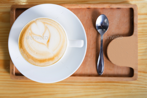 Coffee house counter background with coffe cup, top view Stock Photo by ...