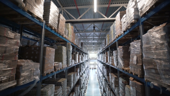 Big Factory Warehouse Store Aisles Camera Travels Inside a Large Store ...