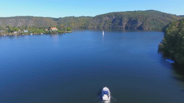 Aerial View of Boat at Vltava River, Slapy, Czech Republic, Stock Footage