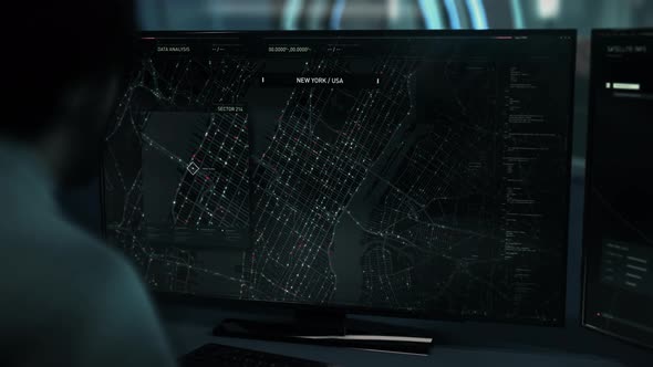 Modern spy software interface searches for suspects location on digital ...