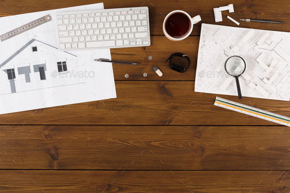 Architectural project, engineering tools on table. Stock Photo by ...