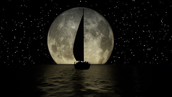 Moon Above the Sea With Boat, Motion Graphics | VideoHive
