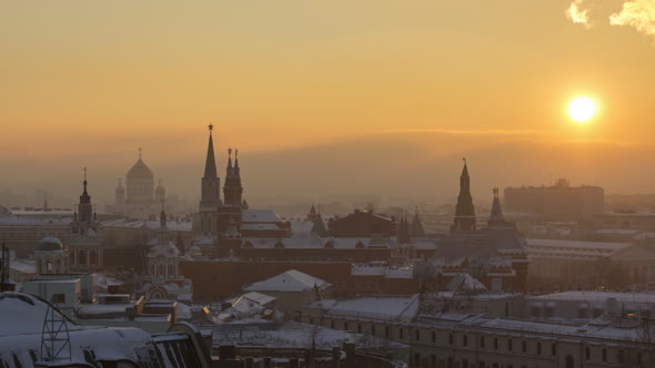 Moscow Kremlin Towers and Cityscape at Winter Sunset. Russia, Stock Footage