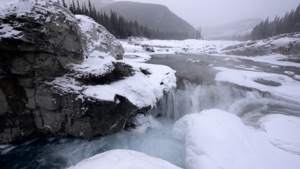 Snowy Winter River Waterfall in Snowstorm, Stock Footage | VideoHive
