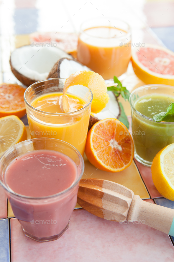 Variety of fresh smoothies Stock Photo by BarbaraNeveu | PhotoDune