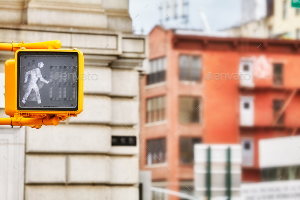 Walk pedestrian traffic signal, New York City, USA. Stock Photo by ...