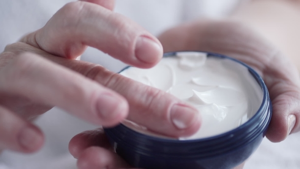 Caucasian Woman Hands Dipping Index Finger Into Cosmetic Cream, Stock ...