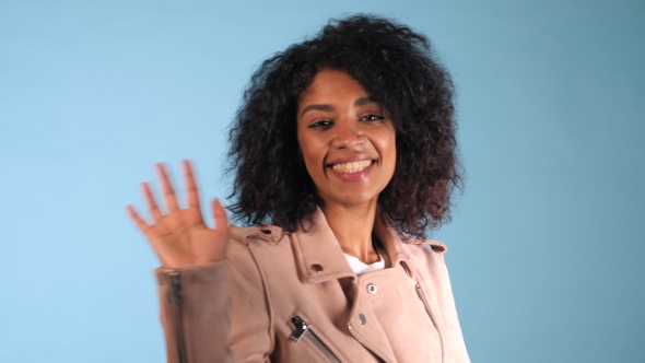 Young African American Black Woman Waving Hand Hello Greeting Say Hi