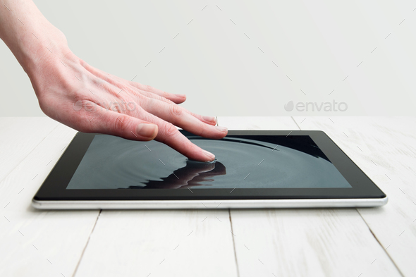 human hand touching futuristic screen Stock Photo by Vladdeep | PhotoDune